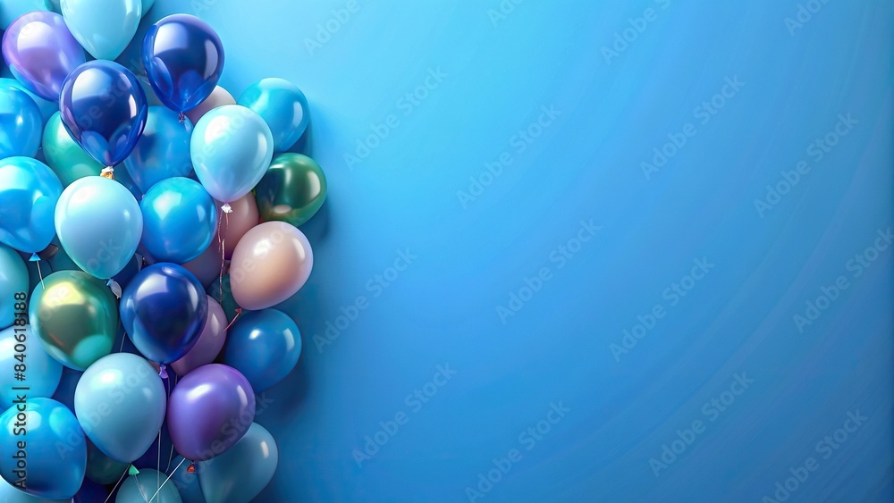 Beautiful semi-blank blue background with balloons on the right side ...