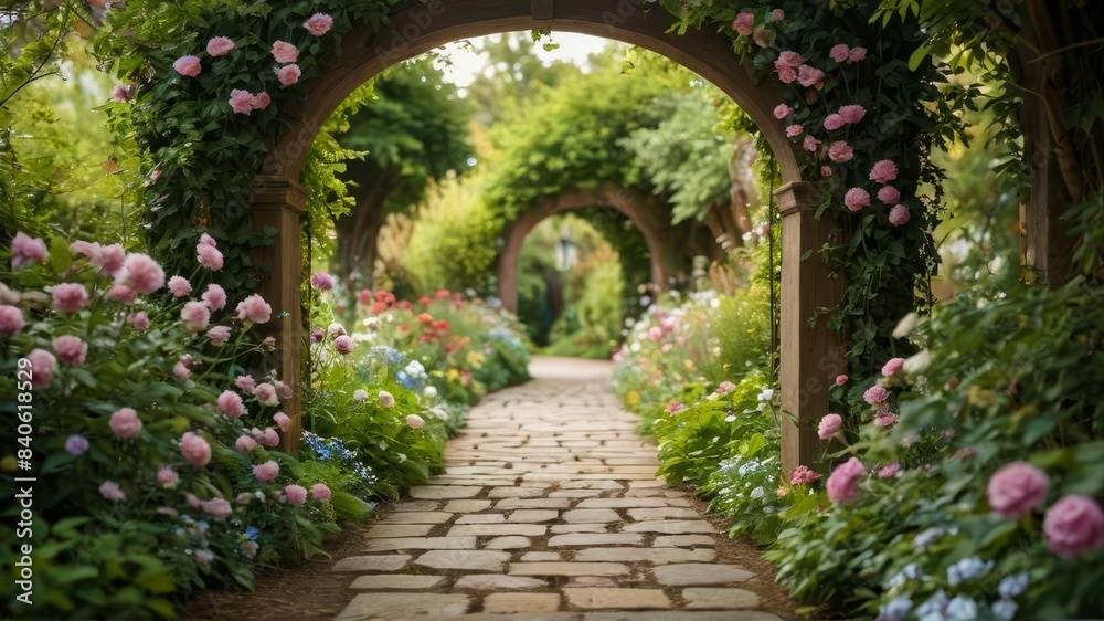 A peaceful garden path lined with blooming flowers and greenery ...