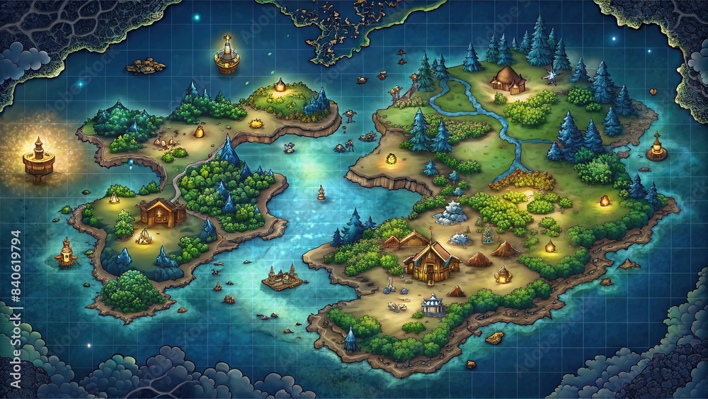 ภาพประกอบสต็อก Night fantastic game digital map with hidden treasures ...