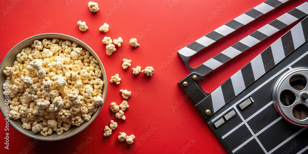 Flat lay composition with popcorn, movie clapperboard, film reel, and ...