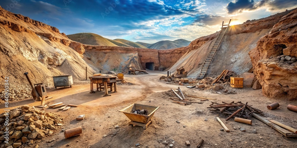 Desolate open air mica mine with tools scattered around, child labor ...