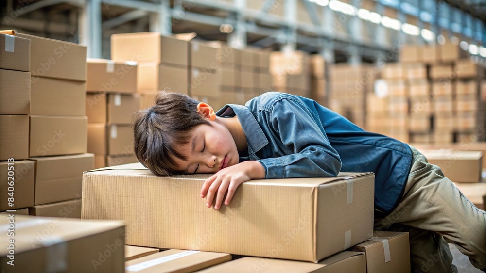 Child worker exhausted sleeping between boxes in a factory, concept of ...