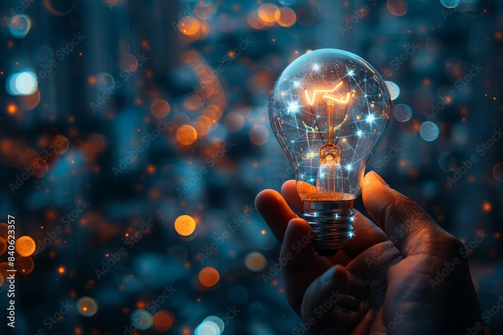 Hand holding a glowing lightbulb with a bokeh background, representing creativity and innovation ...