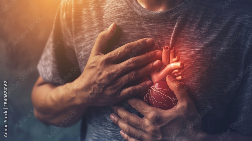 hand hold chest with heart attack symptoms, man have chest pain caused ...