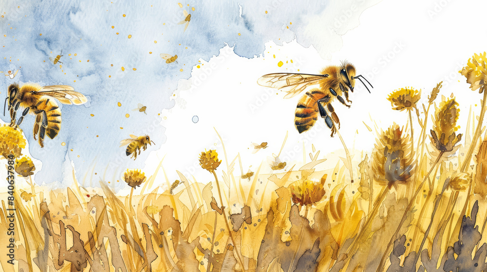 Watercolor illustration of a bee population decline affecting ...