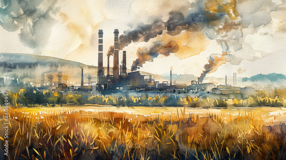Watercolor illustration of a polluted industrial landscape causing ...