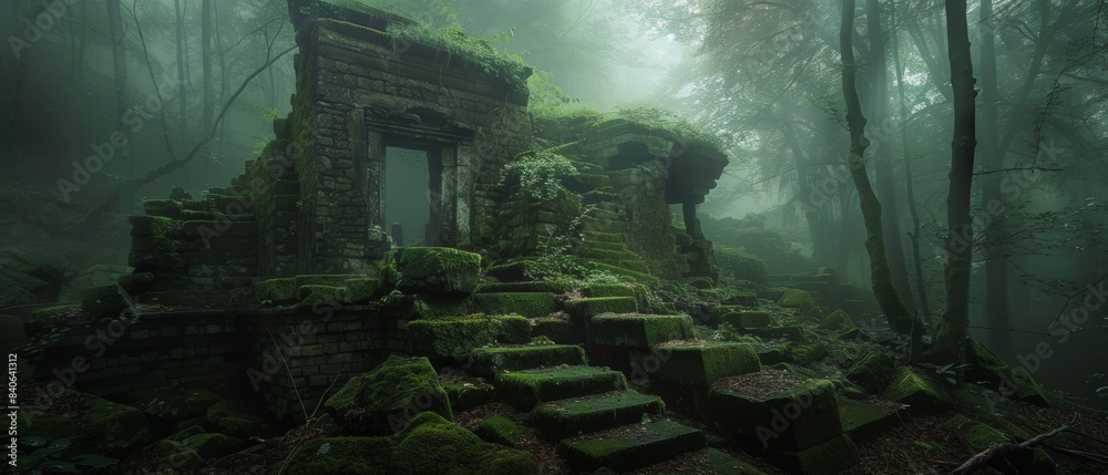 ภาพประกอบสต็อก Moss Covered Ancient Ruins In Forest showcasing a ...