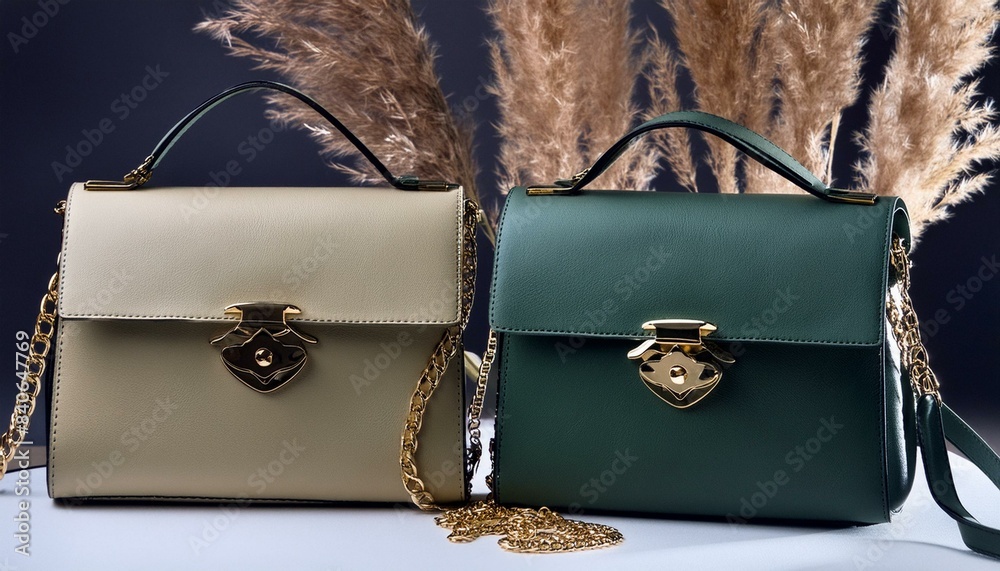 fashion photo of two purse. beige and green woman handbag with gold ...