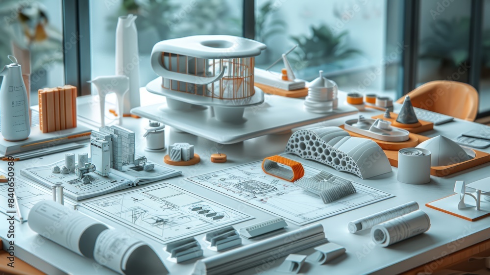 Modern architectural workspace with 3D printed models, blueprints, and ...