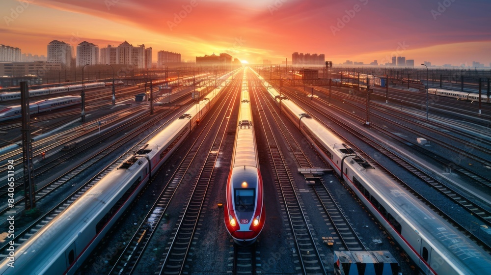 A panoramic view of a high-speed rail yard with multiple trains ready ...