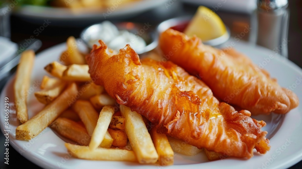 A plate of traditional British fish and chips served with crispy ...