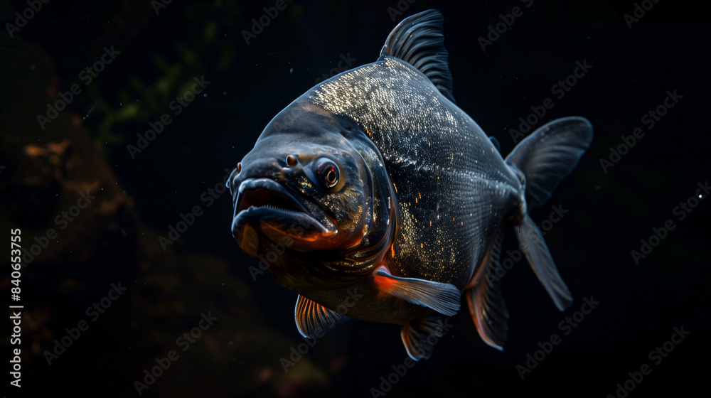Sharp-toothed piranha fish swimming in an aquarium on a black ...
