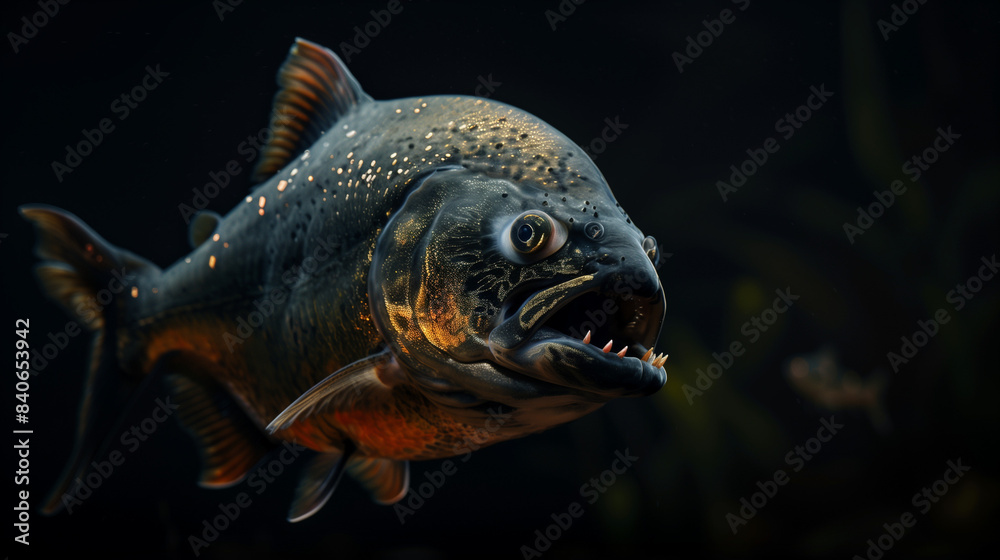 Sharp-toothed piranha fish swimming in an aquarium on a black ...