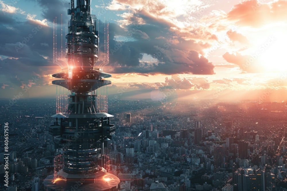 Telecommunications tower with advanced signal technology, focus on ...