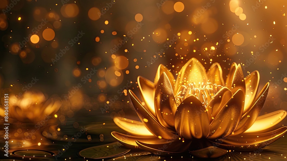 Golden Lotus Flower, Glowing Light Bokeh, Sparkling Floral Bloom ...