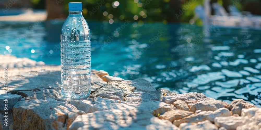 Generic plastic water bottle on natural side of resort hotel swimming ...