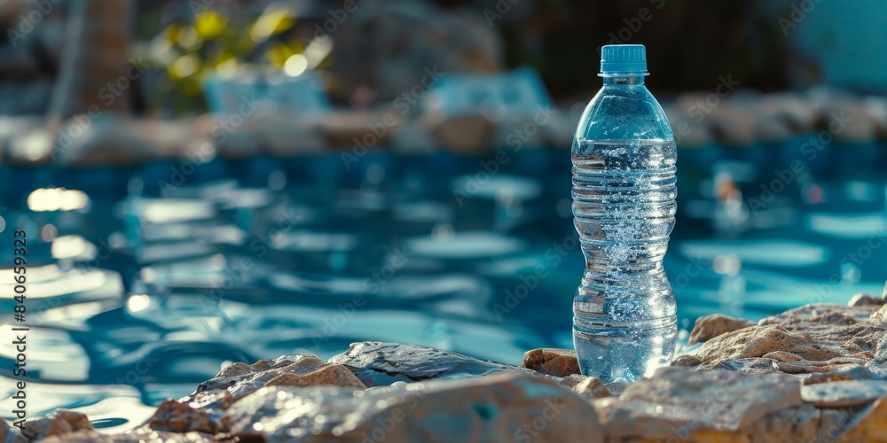 Generic plastic water bottle on natural side of resort hotel swimming ...