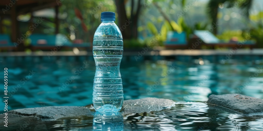 Generic plastic water bottle on natural side of resort hotel swimming ...