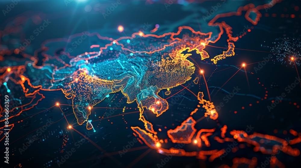 Cyber technology and global network map of Asia, illustrating data ...