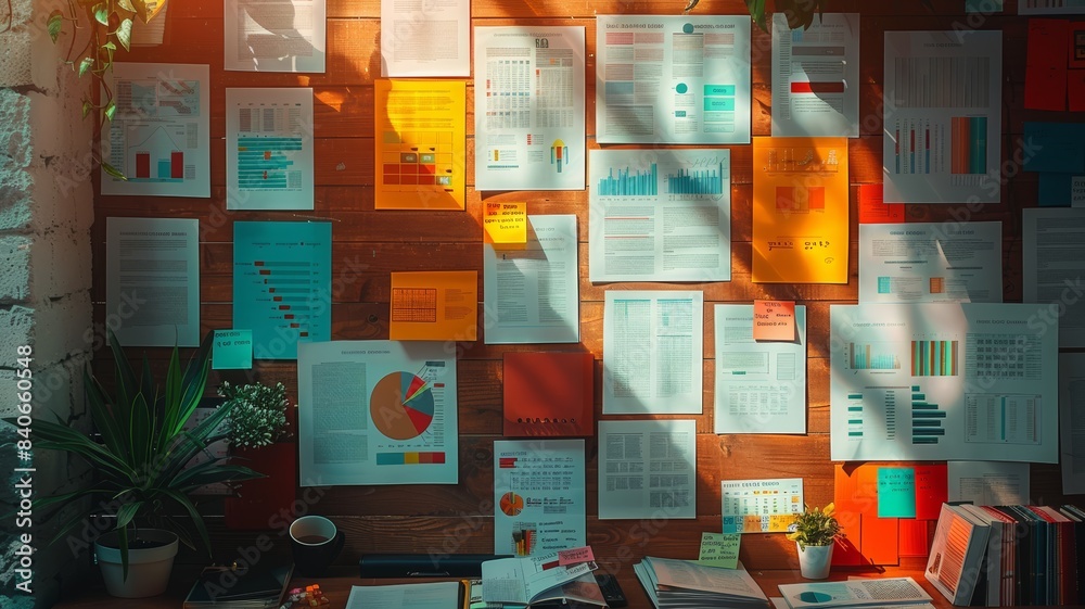 Sunlit office bulletin board filled with charts, graphs, notes, and ...