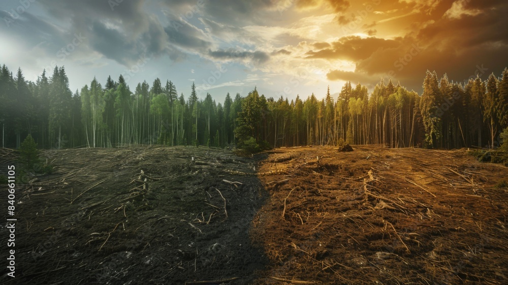 A time-lapse style image of a forest turning into a barren landscape ...