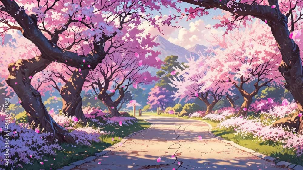 A Serene and Breathtaking Anime Landscape with Cherry Blossom Trees and ...