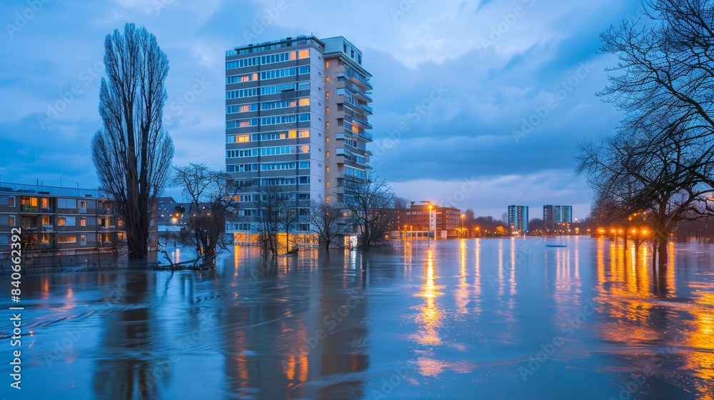 Flooded modern apartment building with brown water covering the ground ...