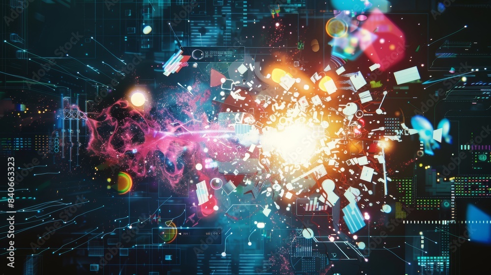 high-energy image bursts with vibrant colors and shapes, symbolizing ...