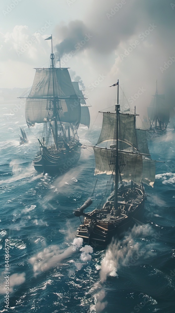 Dramatic naval battle scene with multiple historic sailing ships ...