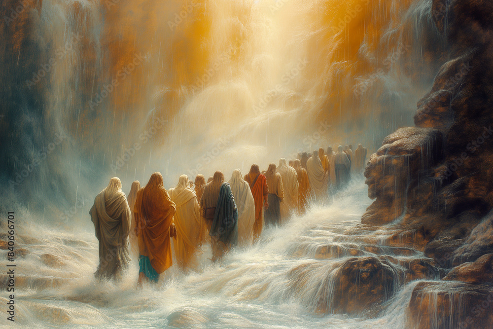 Moses splits the red sea and crosses with the Israelites the water ...