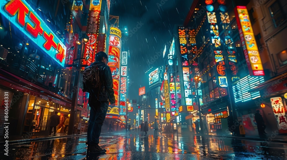 Japan city street at night. Silhuette of a man, neon lights and ...