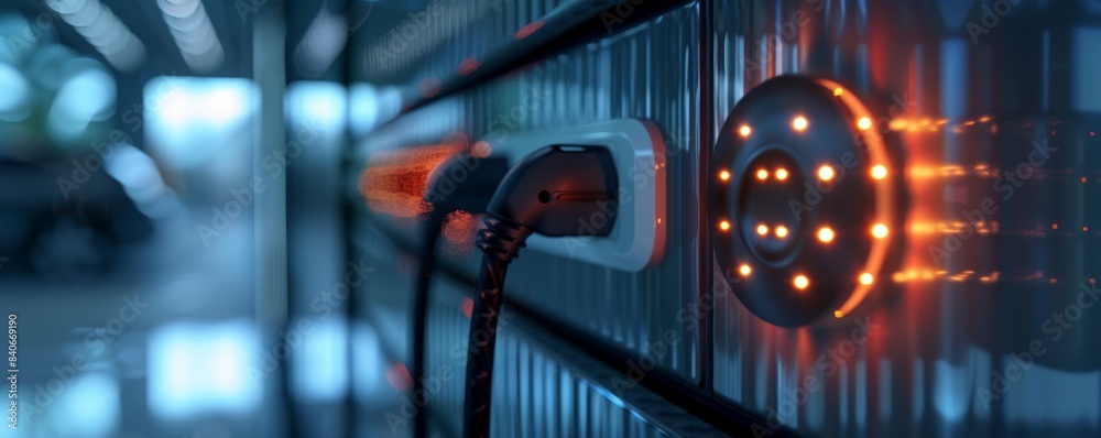 High-Tech Electric Car Charging Port. A modern, illuminated charging ...