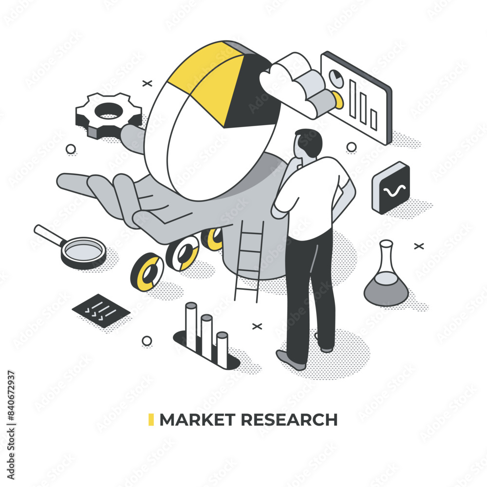 Market research concept. Man analyzing a pie chart; representing market ...