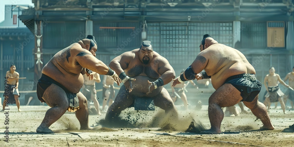 Sumo wrestlers battle in the arena for victory. Concept Sumo Wrestling ...