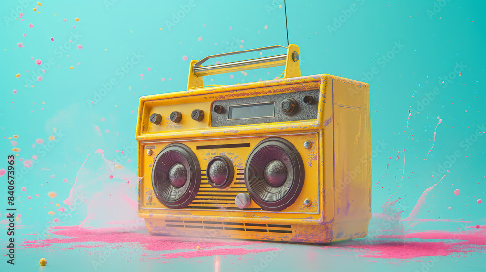 Creative and unique view of a vintage retro cassette radio from the 80s ...