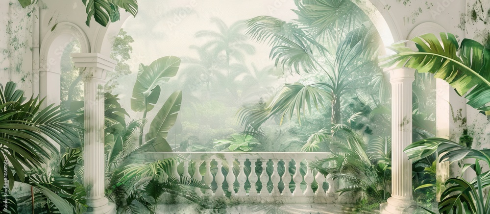Drawn tropical, exotic plants and leaves among the columns. Floral ...