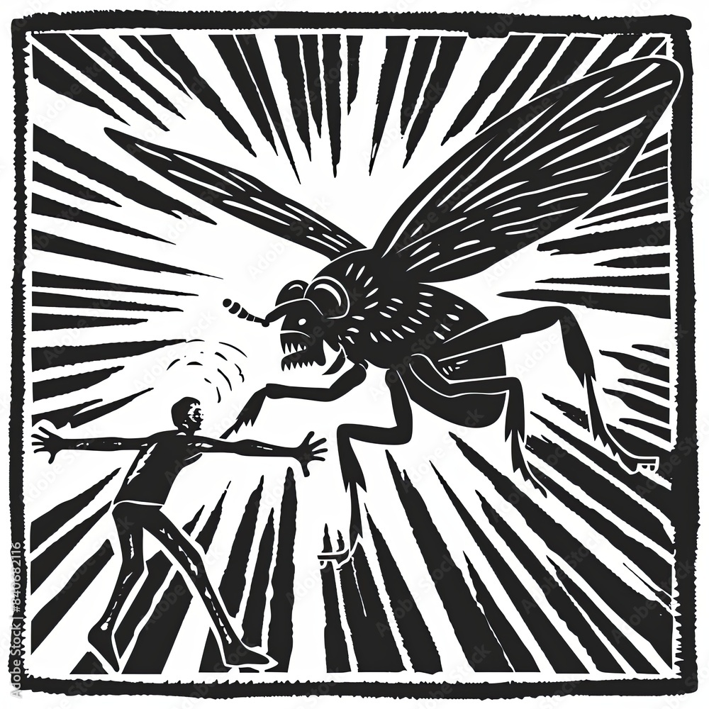 ภาพประกอบสต็อก A huge aggressive bug attacks a small man from the air ...