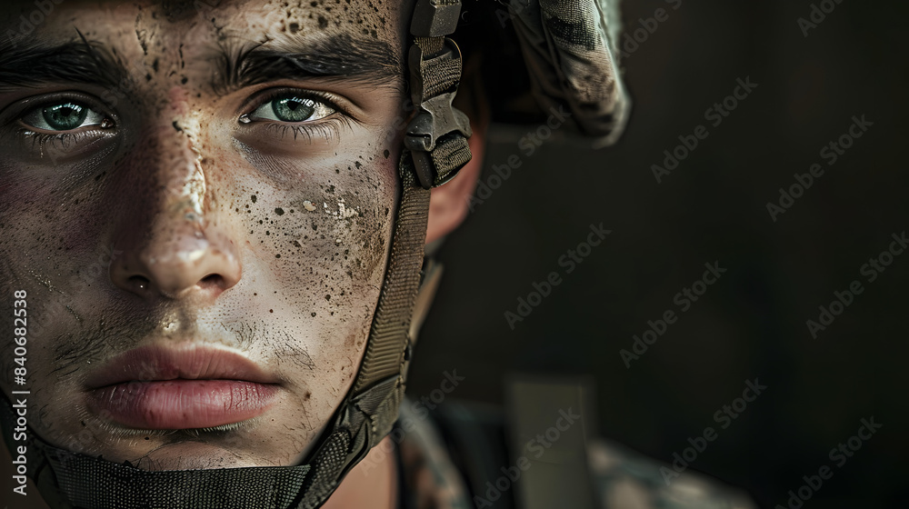 Confusing what is real. Close up portrait of young male soldier. Man in ...