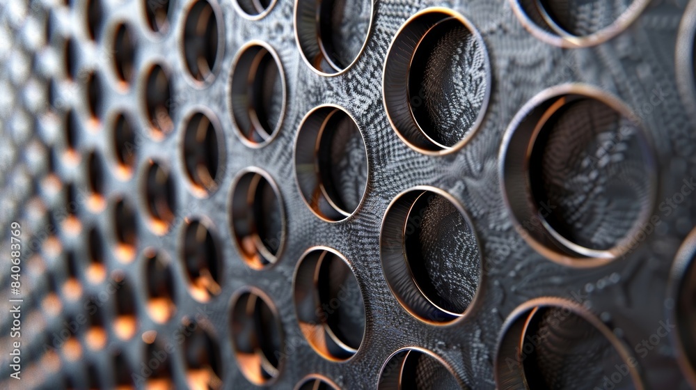 The texture of a perforated metal sheet resembling a honeycomb or ...
