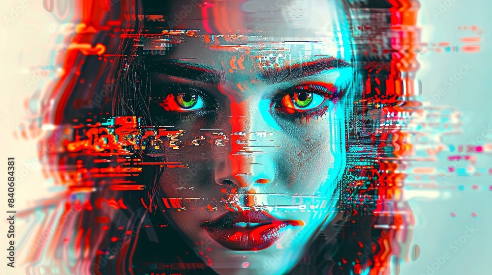 The woman's face is blurred, giving it a distorted look. Photorealistic ...