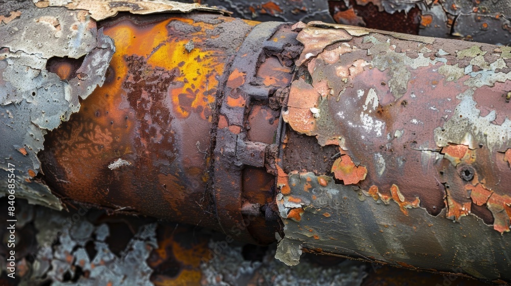 Crumbling and worn edges of a corroded metal pipe revealing layers of ...