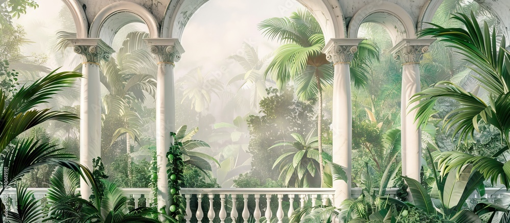 Drawn tropical, exotic plants and leaves among the columns. Floral ...