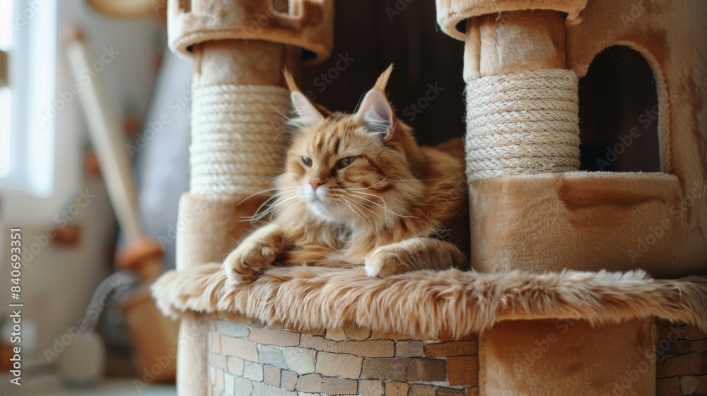 A whimsical, castle-themed cat house with turrets and towers, capturing ...