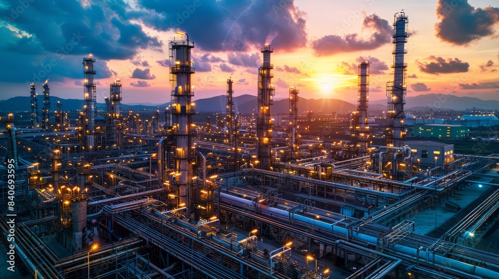 Oil refinery with towering structures and complex pipelines, showcasing ...