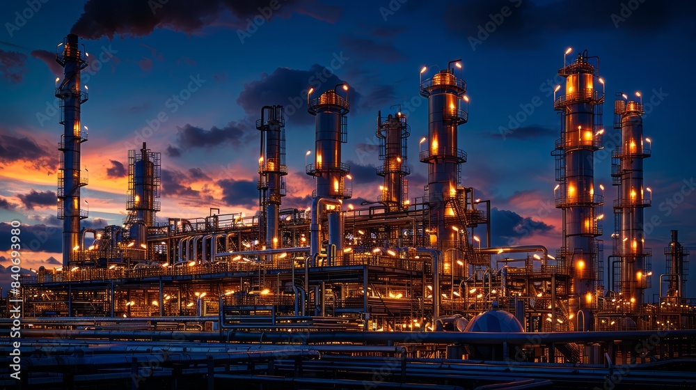 Oil refinery with towering structures and complex pipelines, showcasing ...