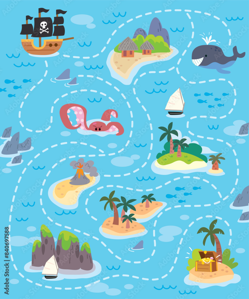 Vector colorful maze, labyrinth for children with cartoon map, treasure ...