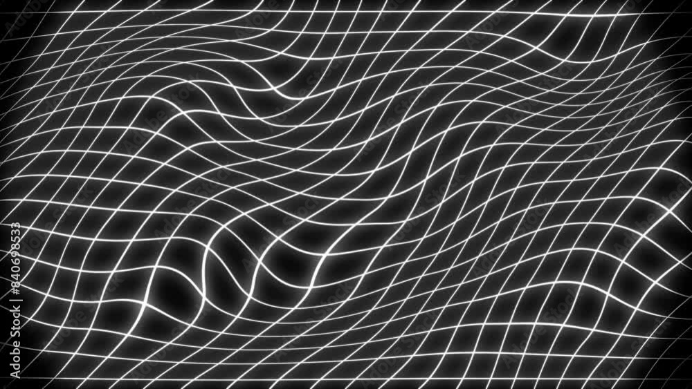 Visual white wavy grid line on black motion background. Turbulent wave ...