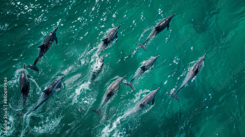 An aerial view of a dolphin pod swimming in formation, their ...