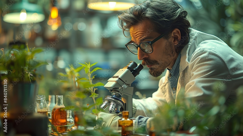 Scientist Examining Specimen Under Microscope in Botanical Lab Stock ...