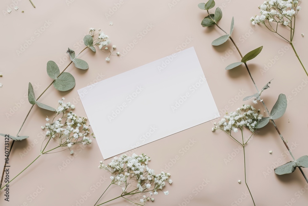 White blank greeting card mockup on beige background with eucalyptus ...